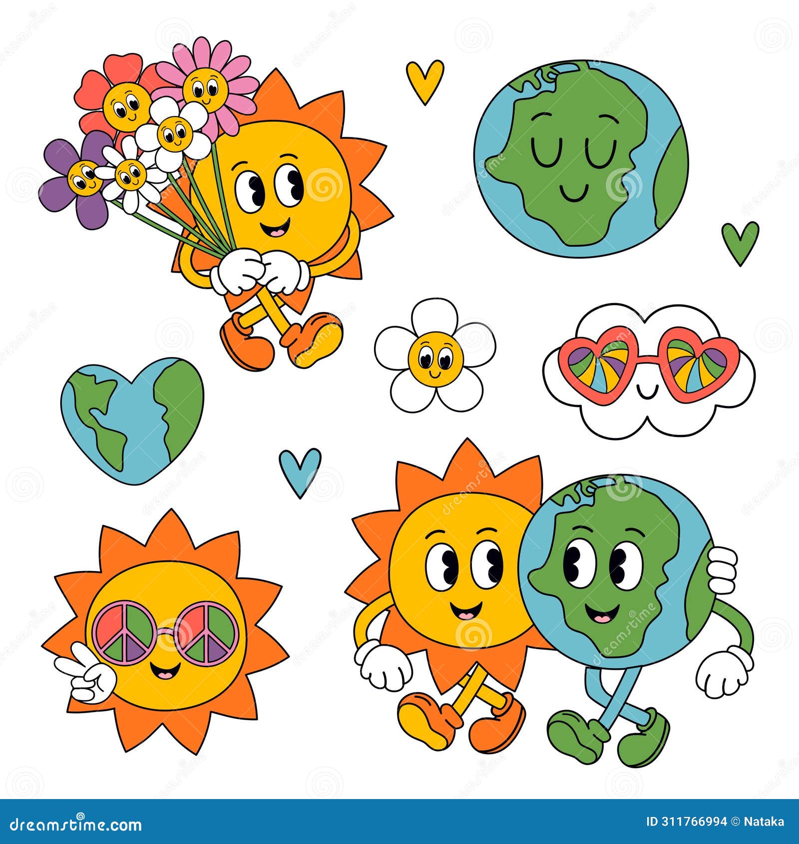 Groovy Earth Retro Characters Set. Cartoon Planet Personage Walking And ...