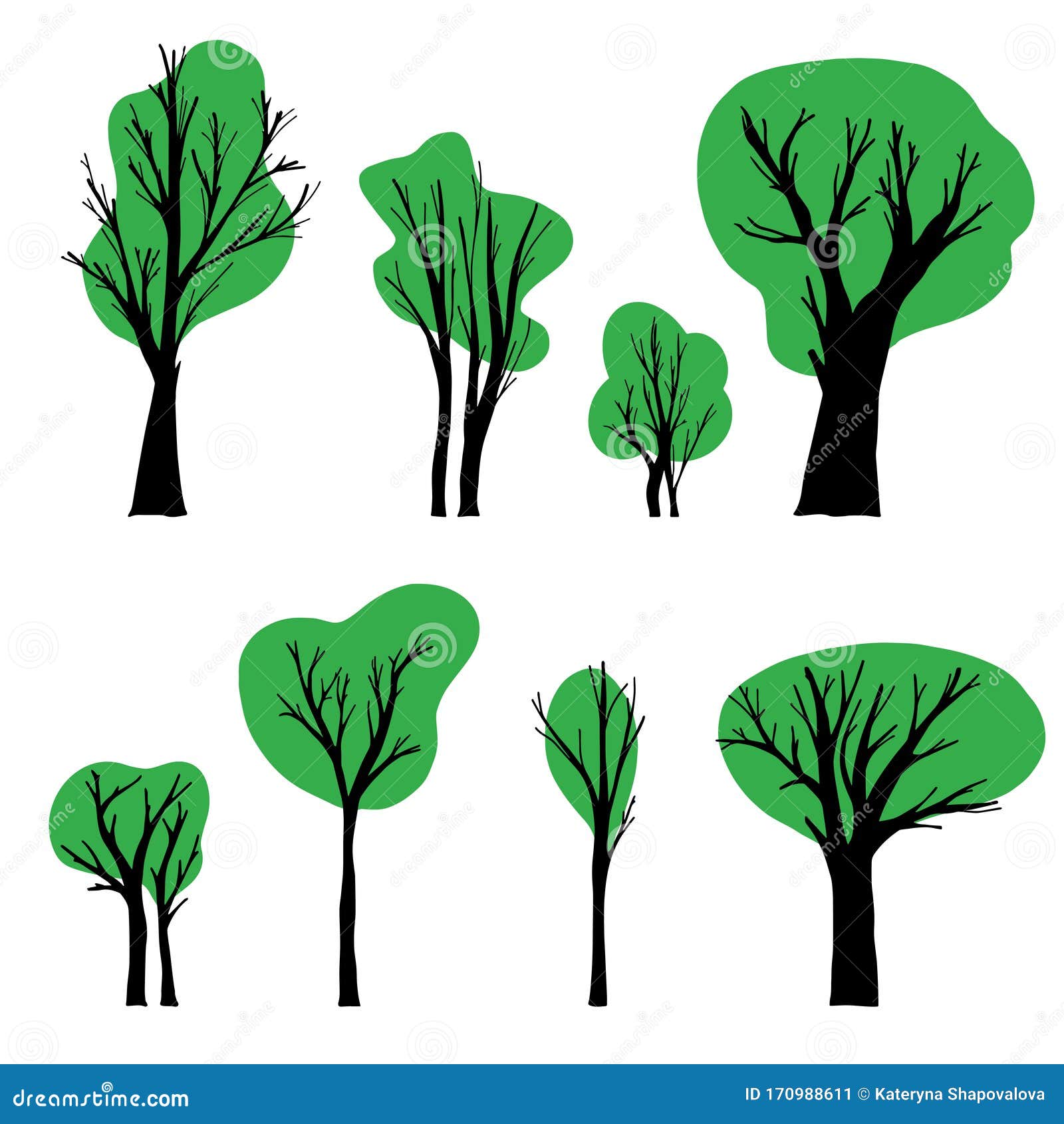 Set of Isolated Flat Trees and Green Leaves on a White Background. Hand ...