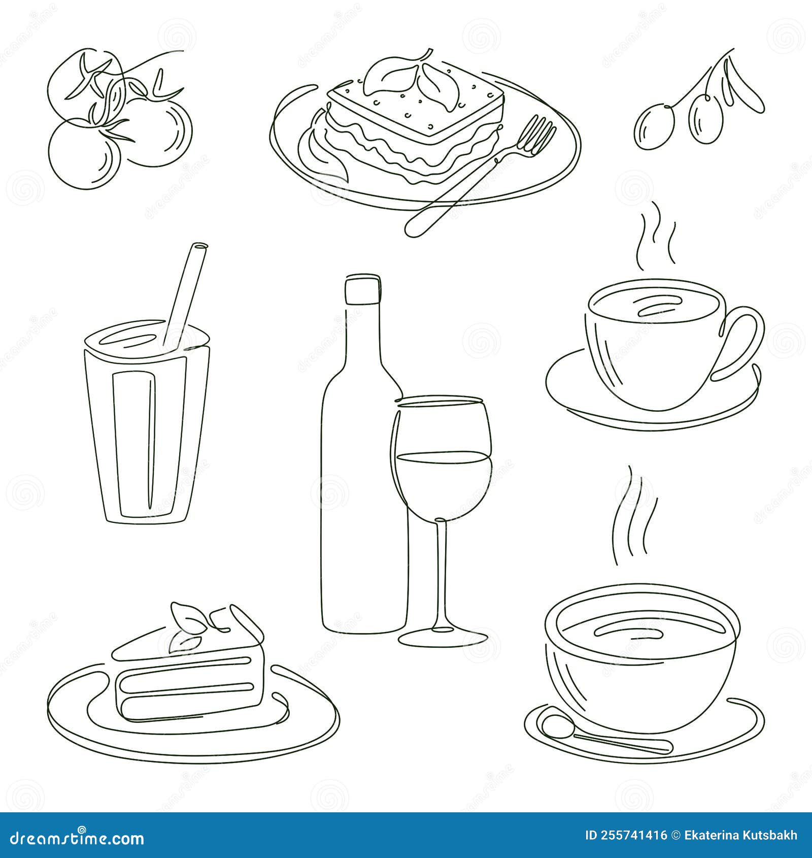 Set of Isolated Food Vector Illustrations in Line Art Style with ...