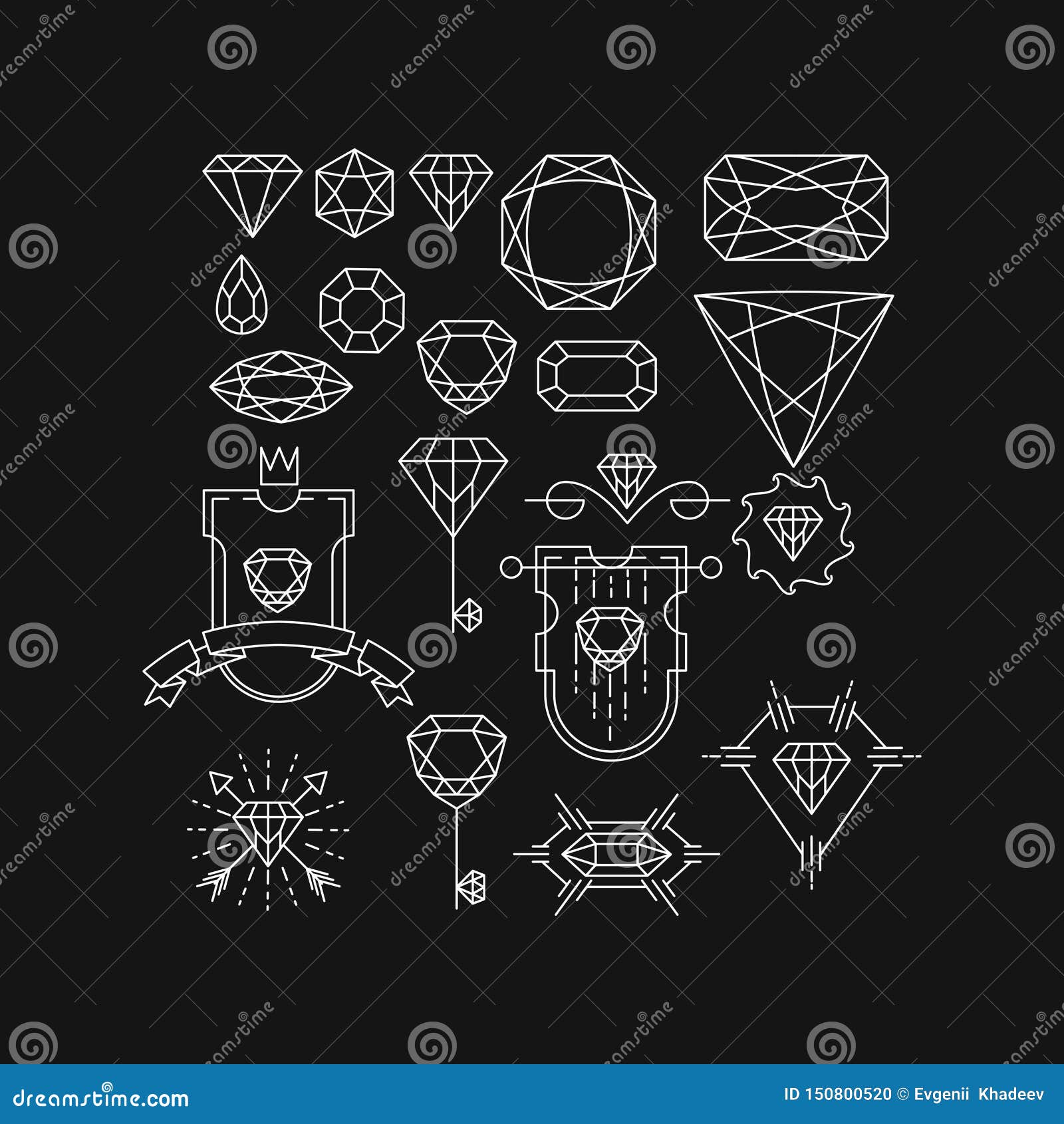 Set of Isolated Gem Stones and Thin Line Design Elements, Emblems with ...