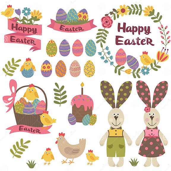 Set of Isolated Happy Easter Design Elements Stock Vector ...