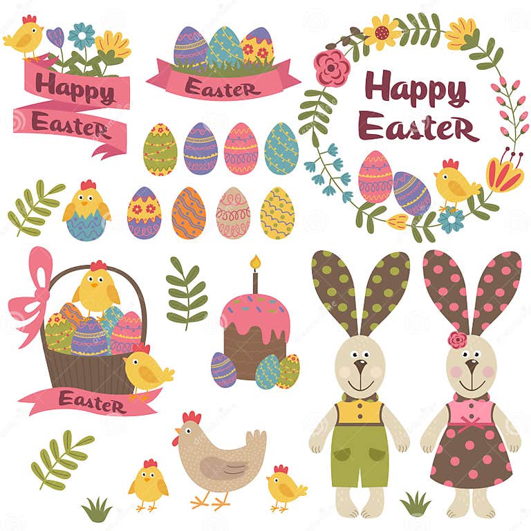 Set of Isolated Happy Easter Design Elements Stock Vector - Illustration of cute, character ...