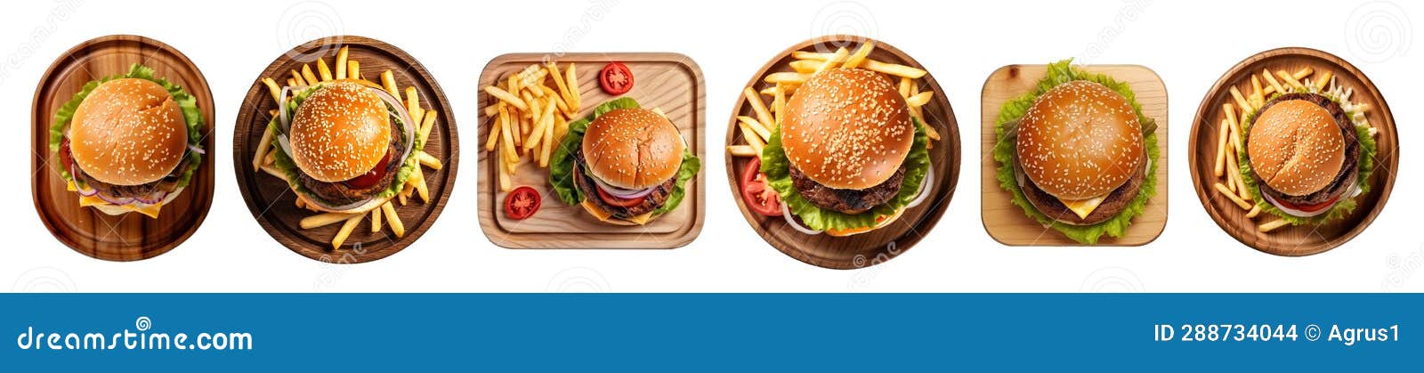 Set of Isolated Illustrations of Different Burgers on Wood Plate ...