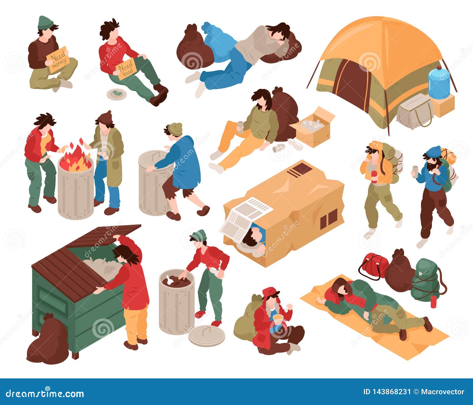 Homeless People Isometric Set Stock Vector - Illustration of migration ...