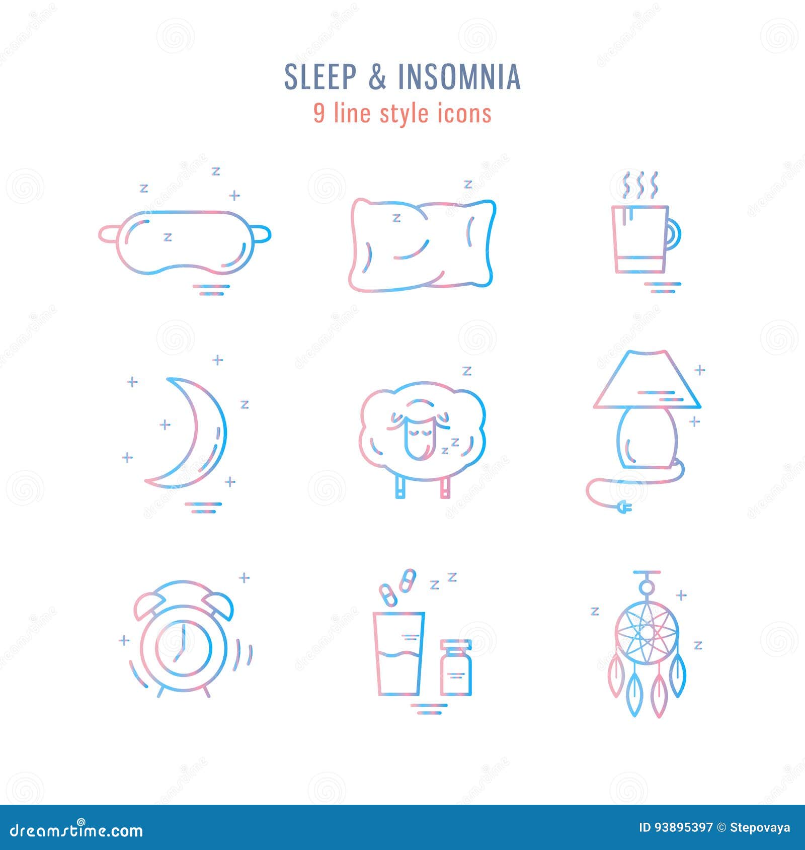 Set of Isolated Line Icons with Sleep Problems and Insomnia Symbols ...