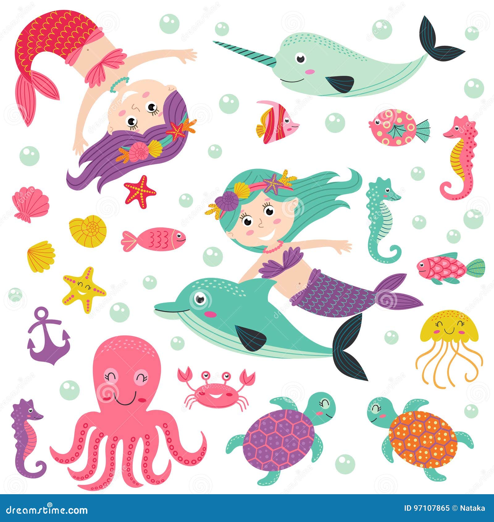 Mermaid With Sea Animals Cartoon Design, Illustrator Stock Photo ...
