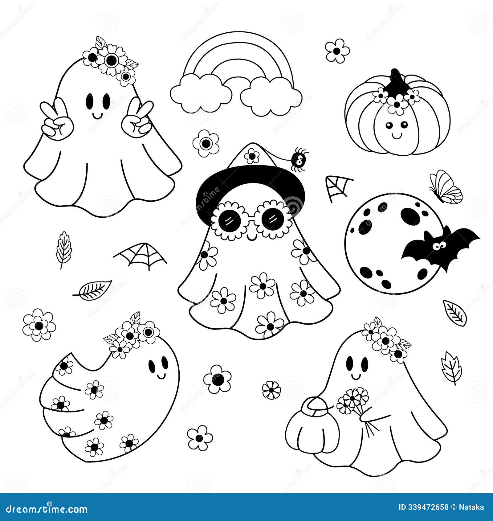 Set of Isolated Outline Groovy Ghosts and Pumpkin Stock Illustration ...