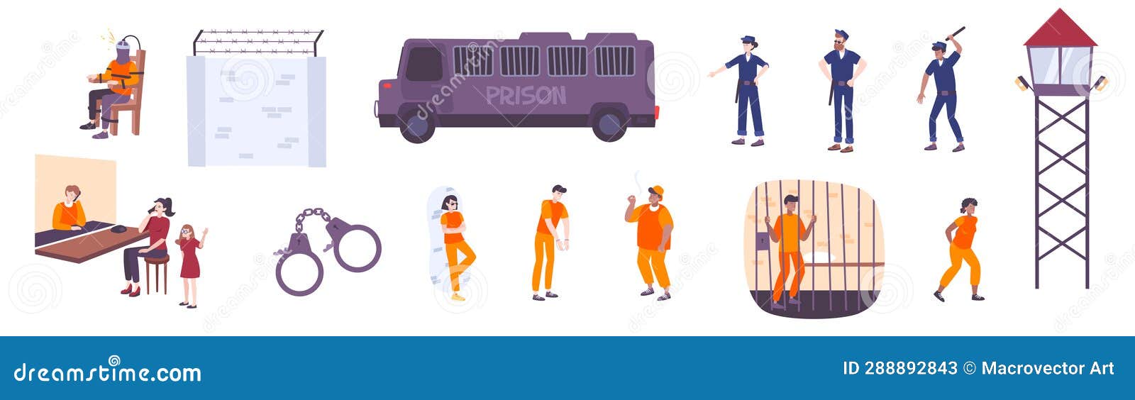 Set of Isolated Prison Flat Icons with Doodle Human Characters and Jail ...