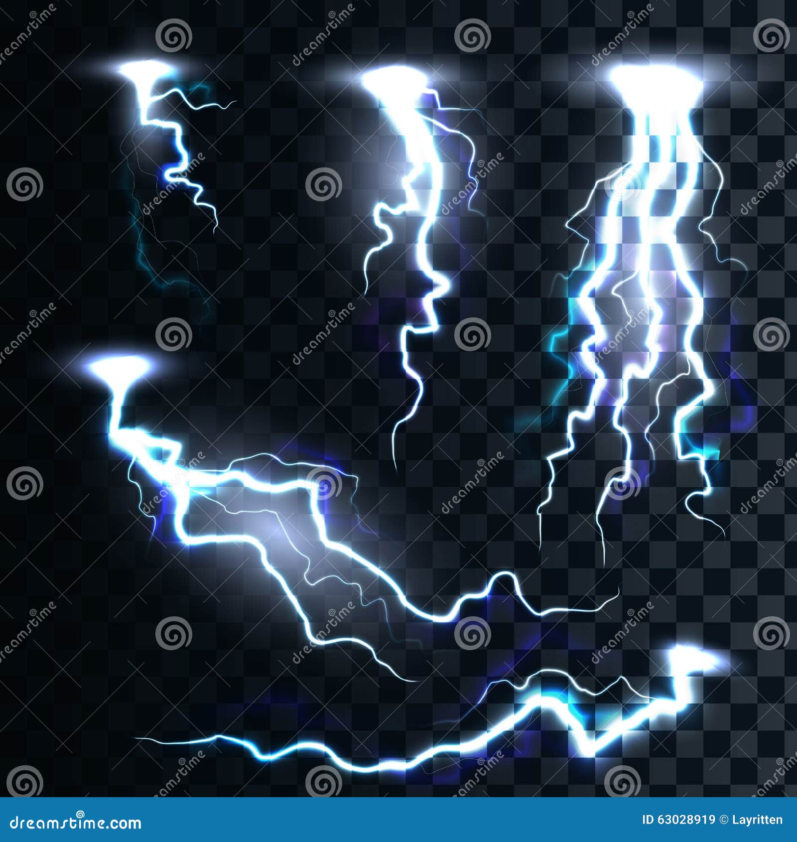 Set Isolated Realistic Lightnings with Transparency for Design Stock ...