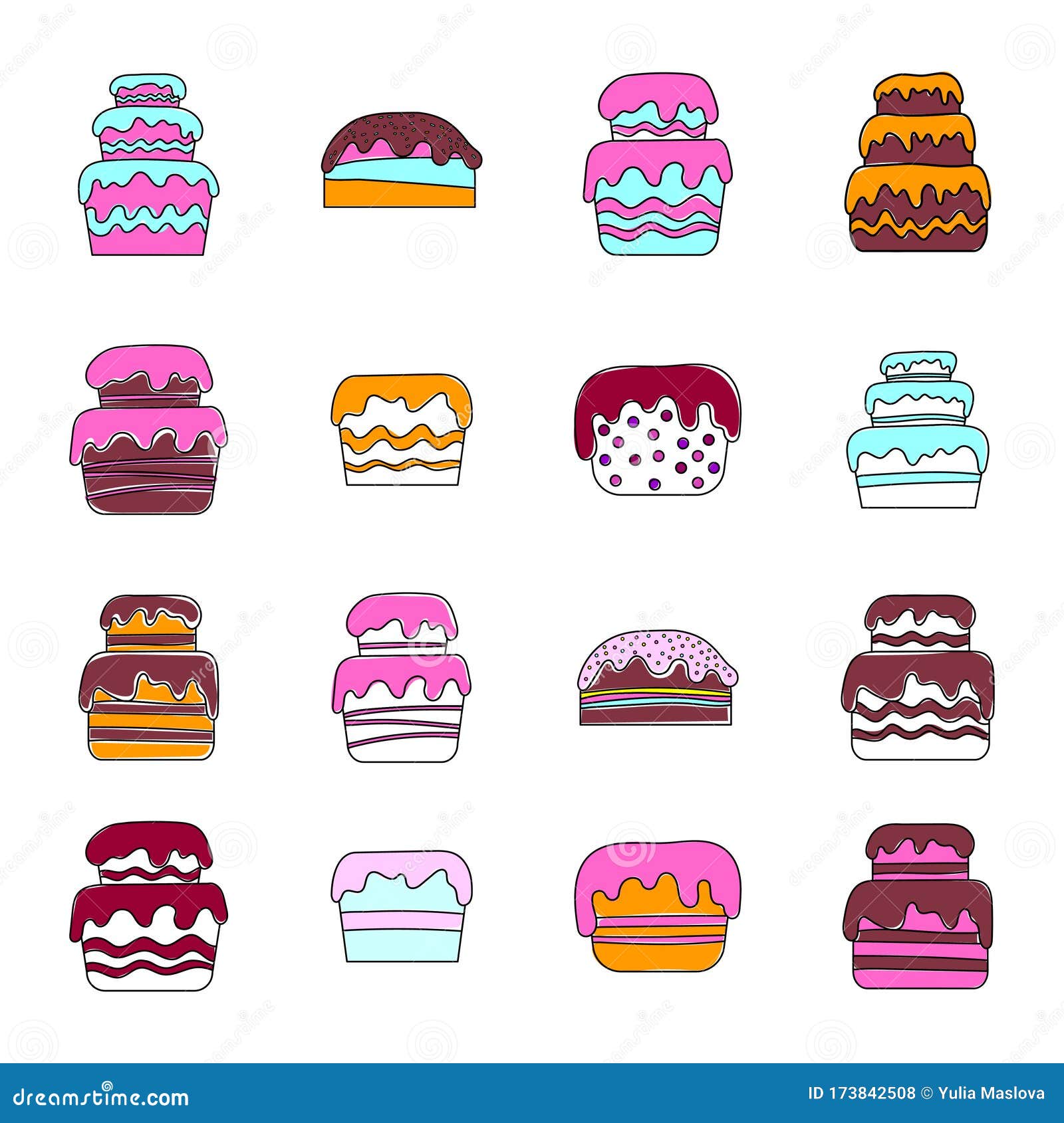 Set of Isolated Vector Illustrations of Cakes. Doodle Style Stock ...