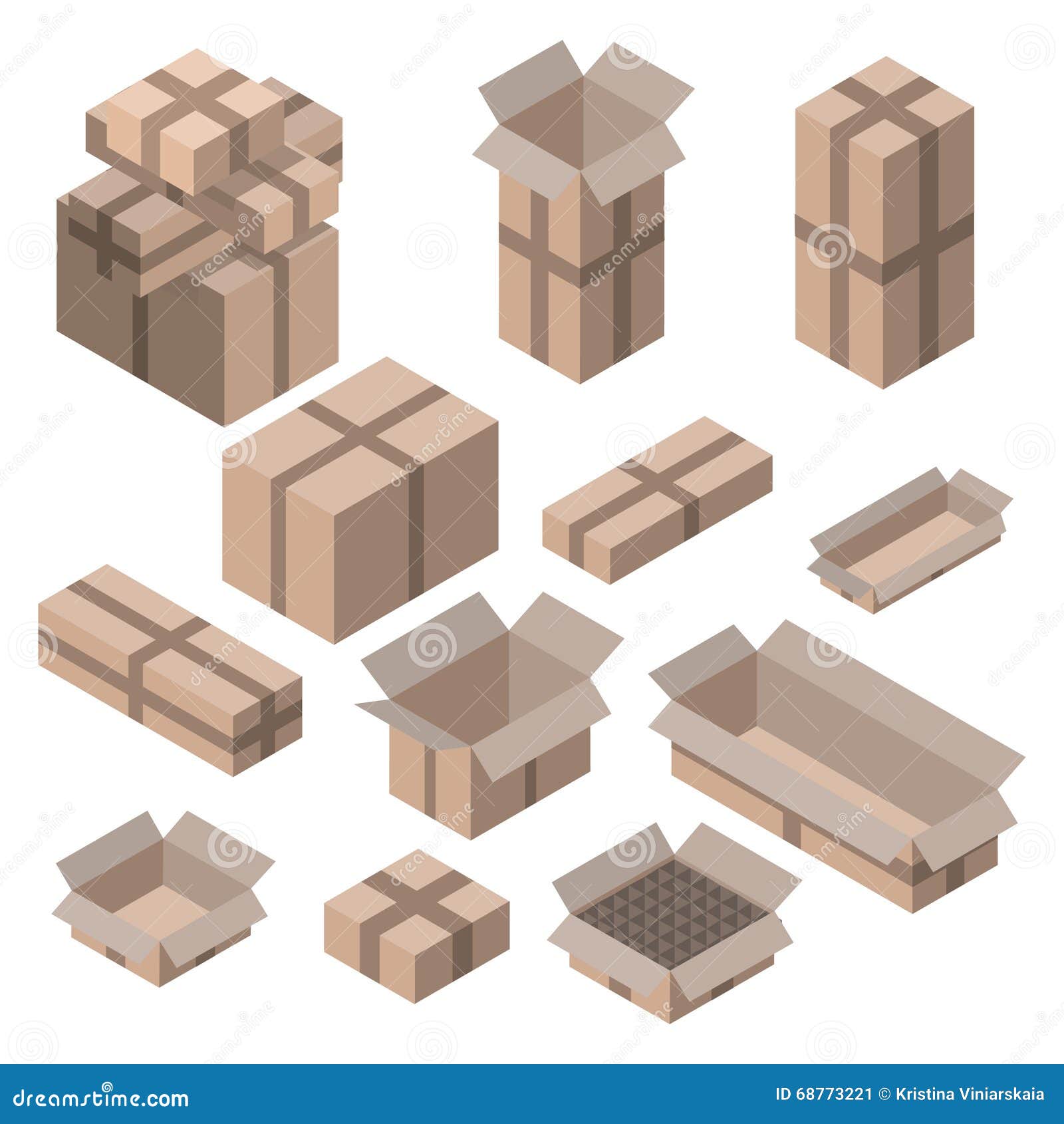 Set of Isometric Cardboard Boxes on White. Stock Vector - Illustration ...