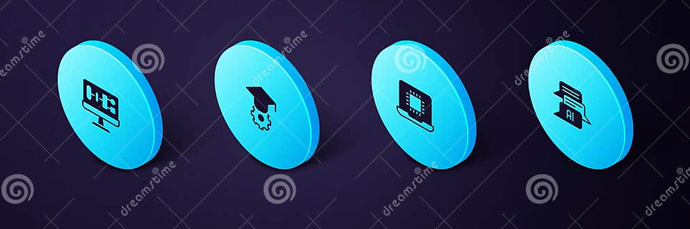 Set Isometric Chat Bot Processor Cpu Graduation Cap And Algorithm Icon Vector Stock