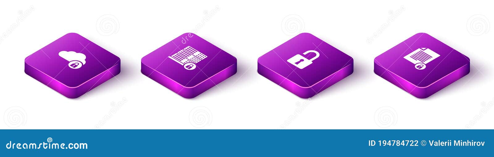Set Isometric Cloud Computing Lock, Server Security with, Open Padlock and Document and Icon ...