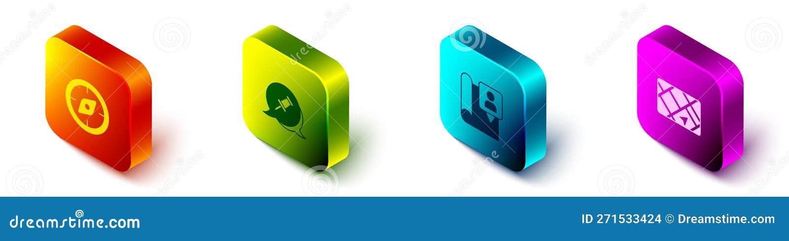 Set Isometric Compass, Push Pin, Folded Map with Location Marker and ...