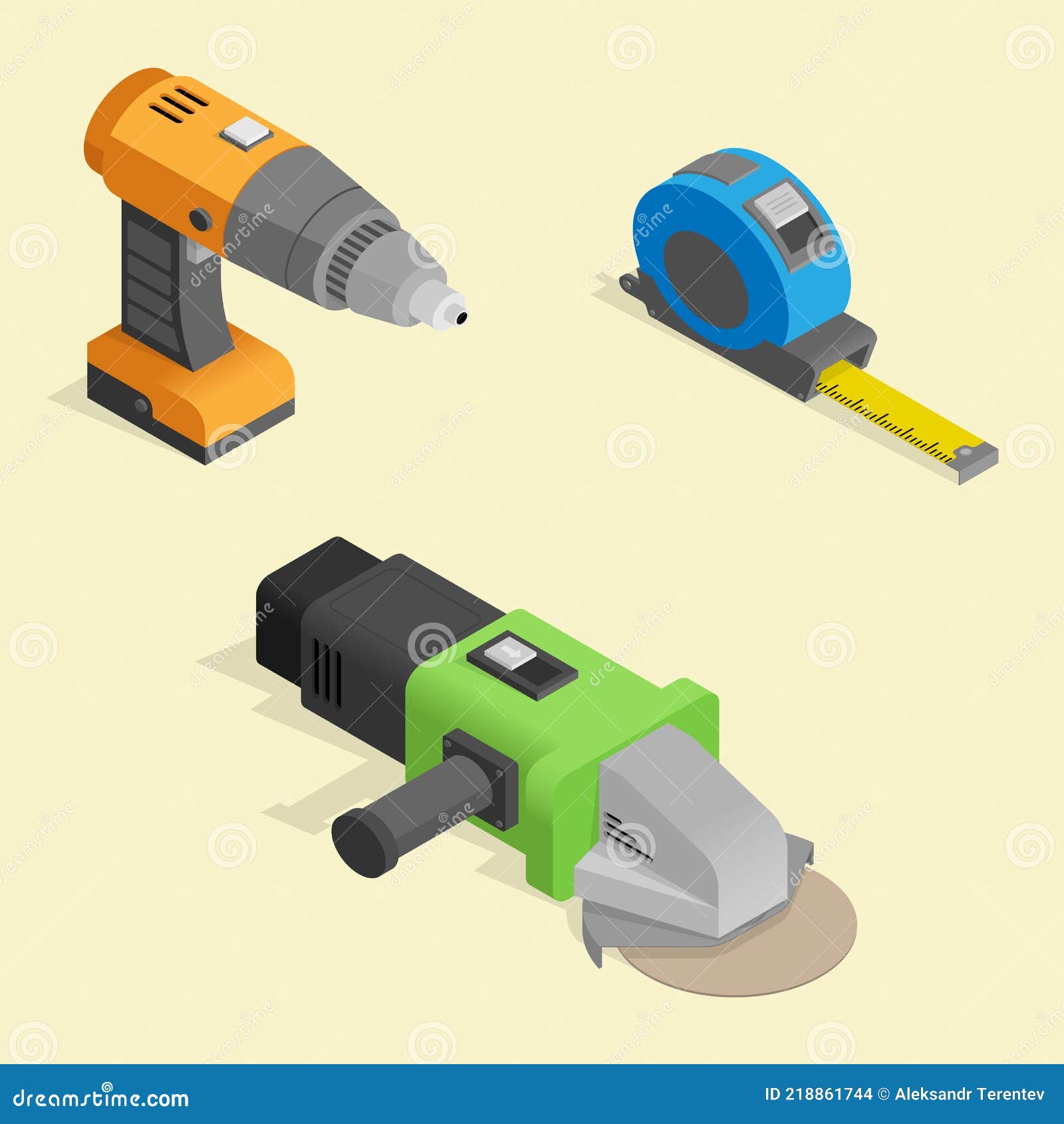 A Set of Isometric Construction Tools. Screwdriver, Steel Tape, Angle ...