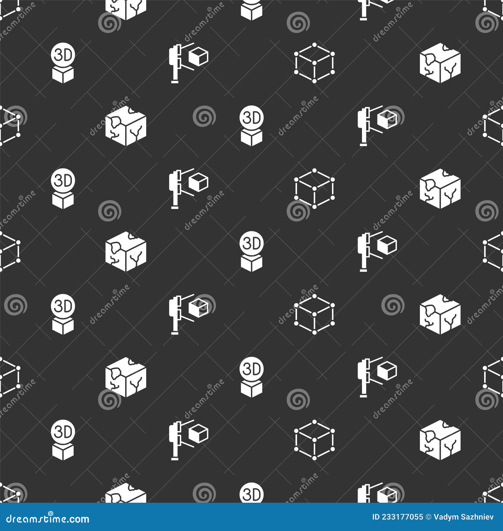 Set Isometric Cube, , and 3D Scanner with on Seamless Pattern. Vector ...