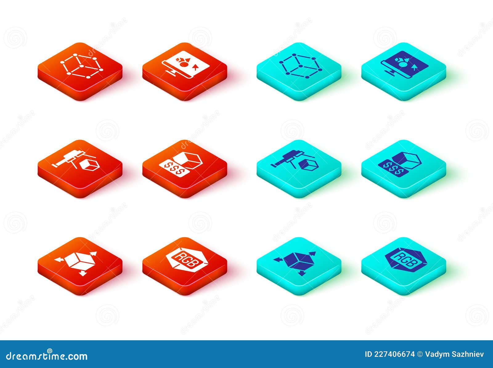 Set Isometric Cube, RGB and CMYK Color Mixing, 3D Scanner with, Printer ...