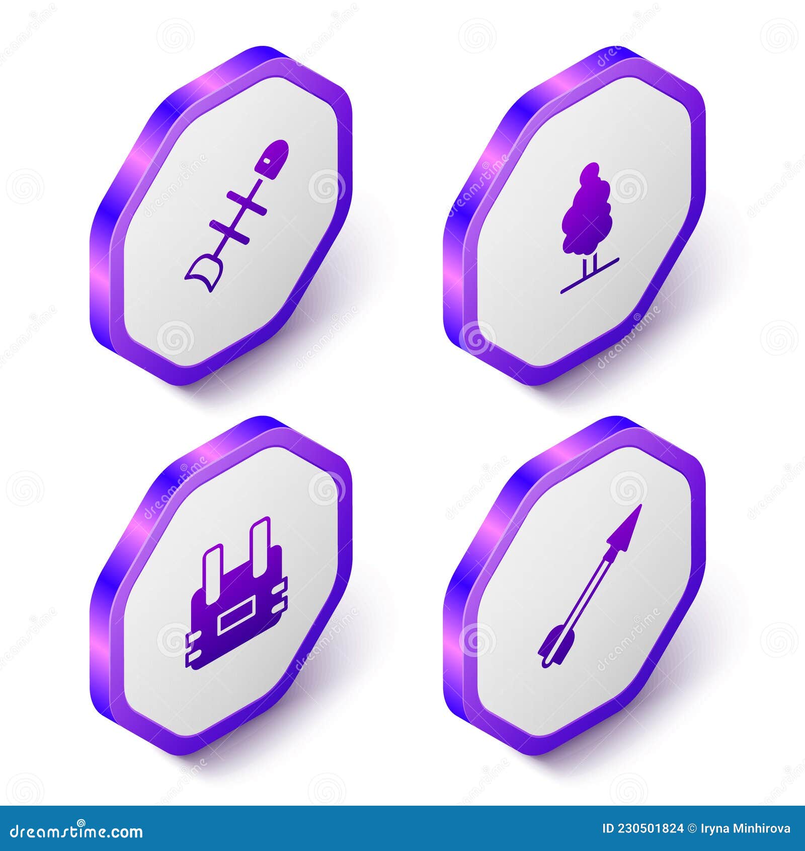 Set Isometric Dead Fish, Tree, Bulletproof Vest and Medieval Arrow Icon ...