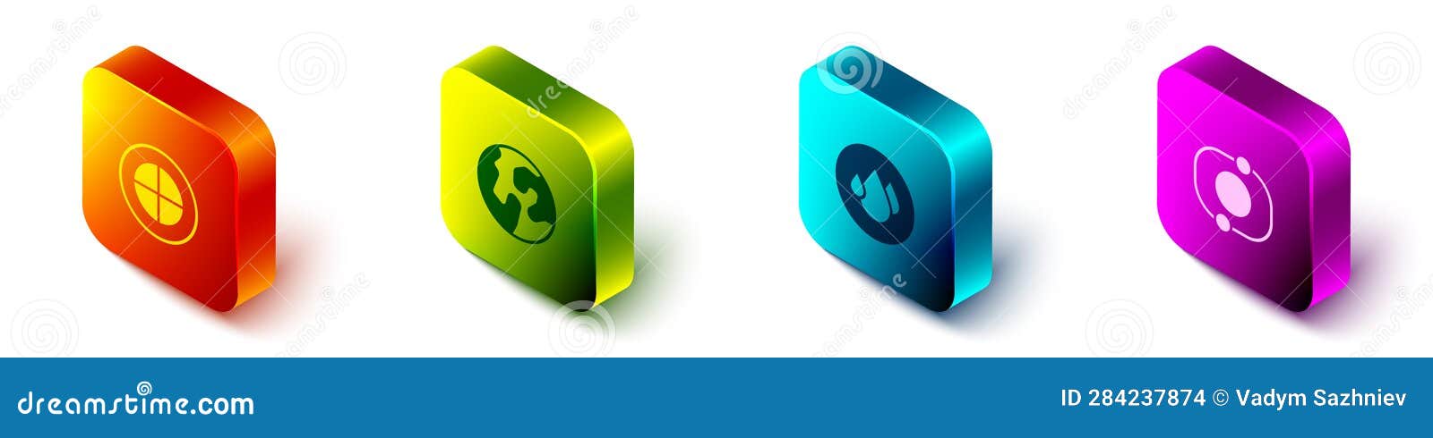 Set Isometric Earth Globe, Water Drop and Solar System Icon. Vector ...