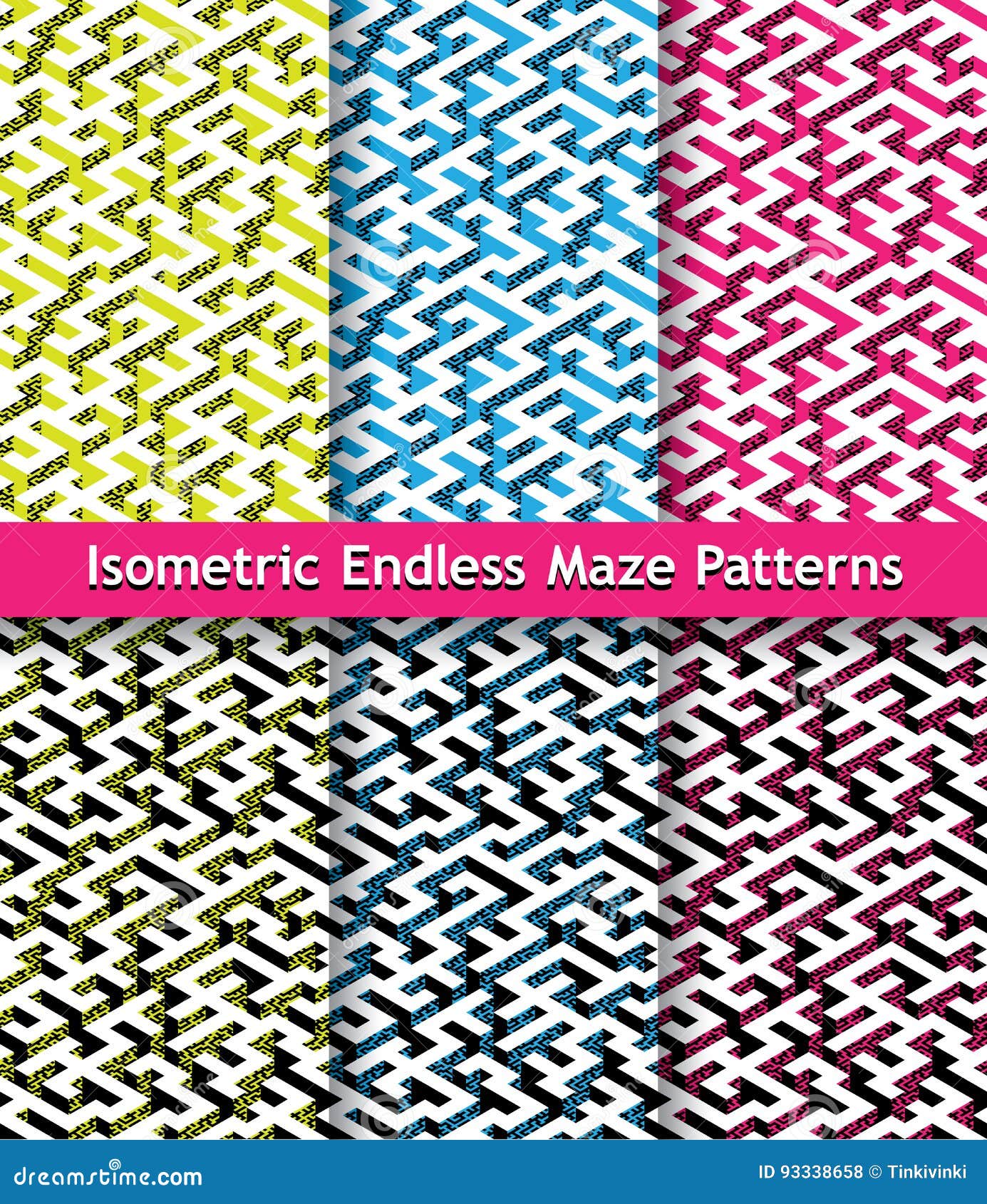 Set of Isometric Endless Maze with White Path and Textured Black and ...