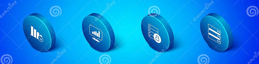 Set Isometric Financial Growth Decrease, Server Security with Padlock, and Pie Chart Infographic ...