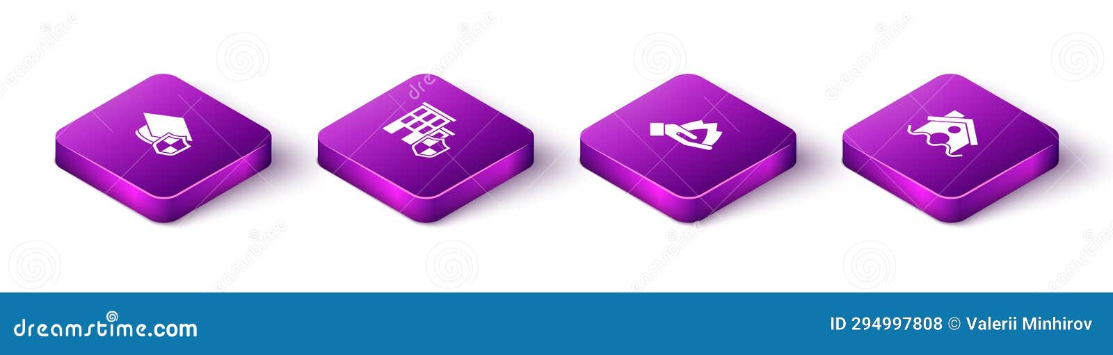 Set Isometric Graduation Cap with Shield, House, Hand Holding Fire and ...