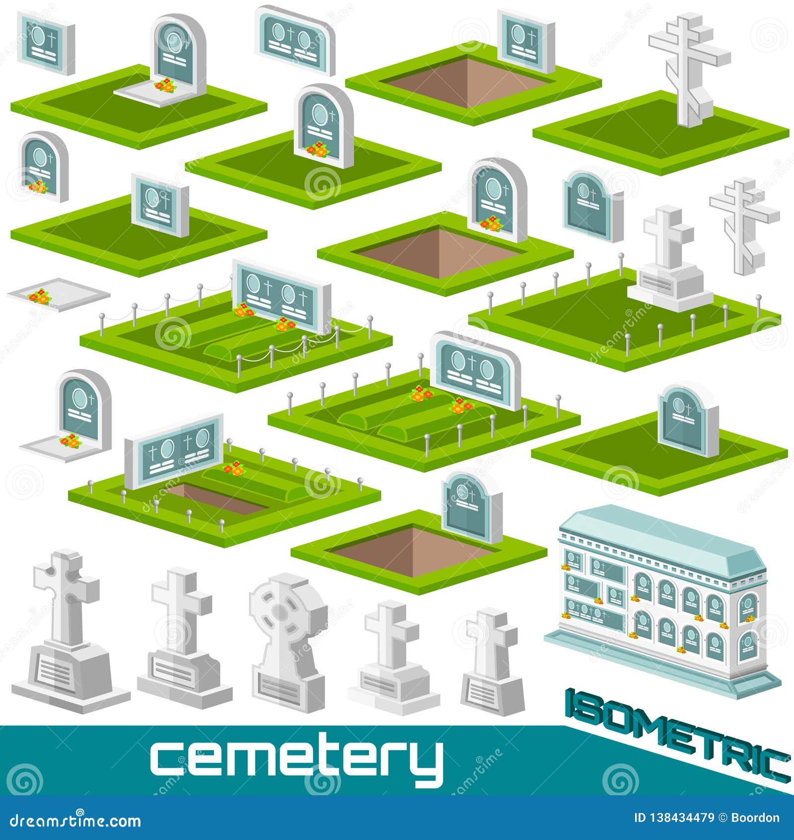 Set of Isometric Grave and Crosses Different Style for Cemetery Vector ...