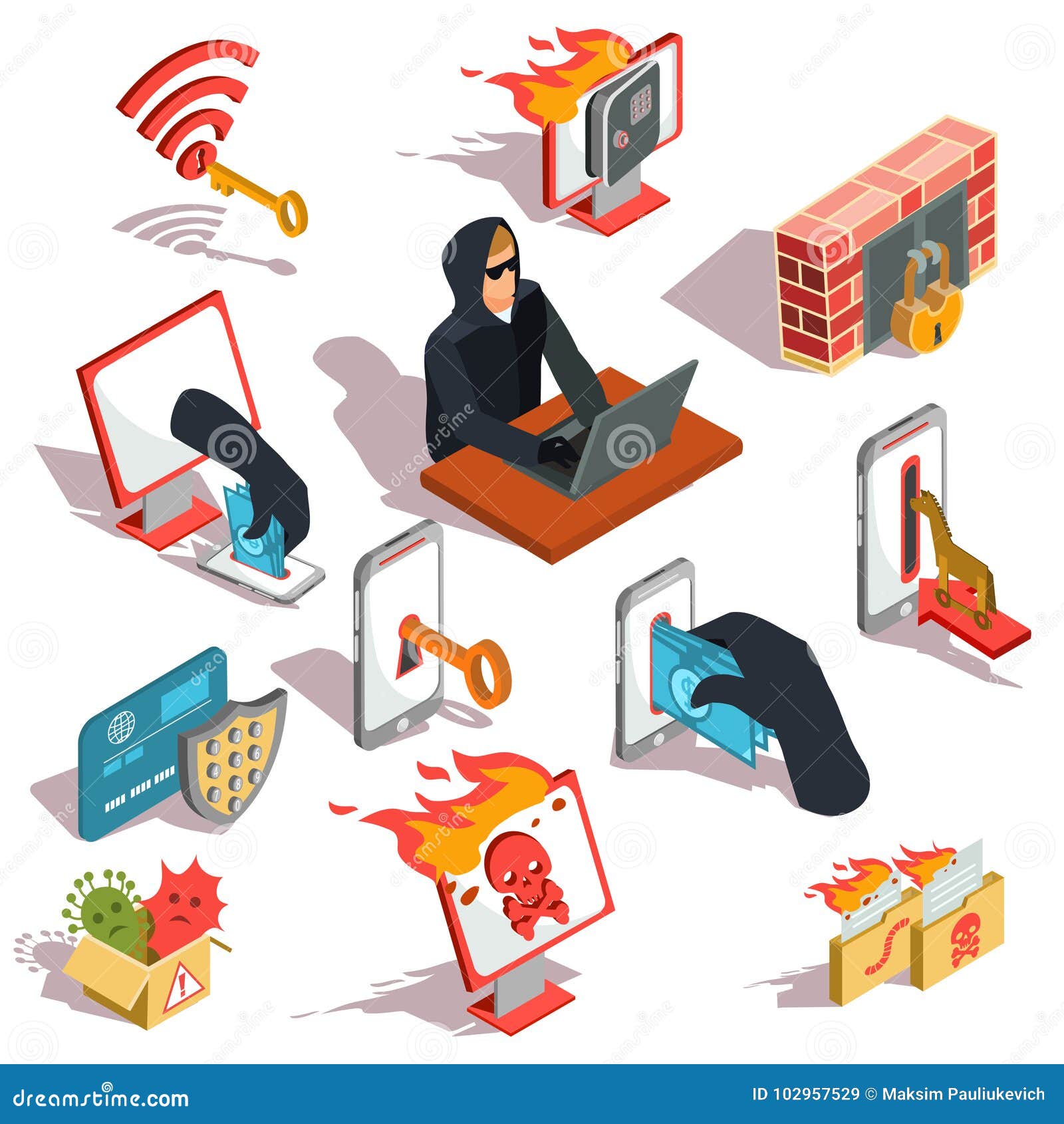 Set of Isometric Hacker Icons Stock Illustration - Illustration of ...