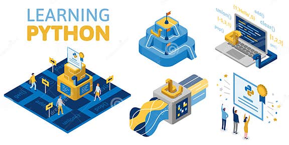 Set Of Isometric Illustrations About Learning And Getting A Certificate Of Python Programming