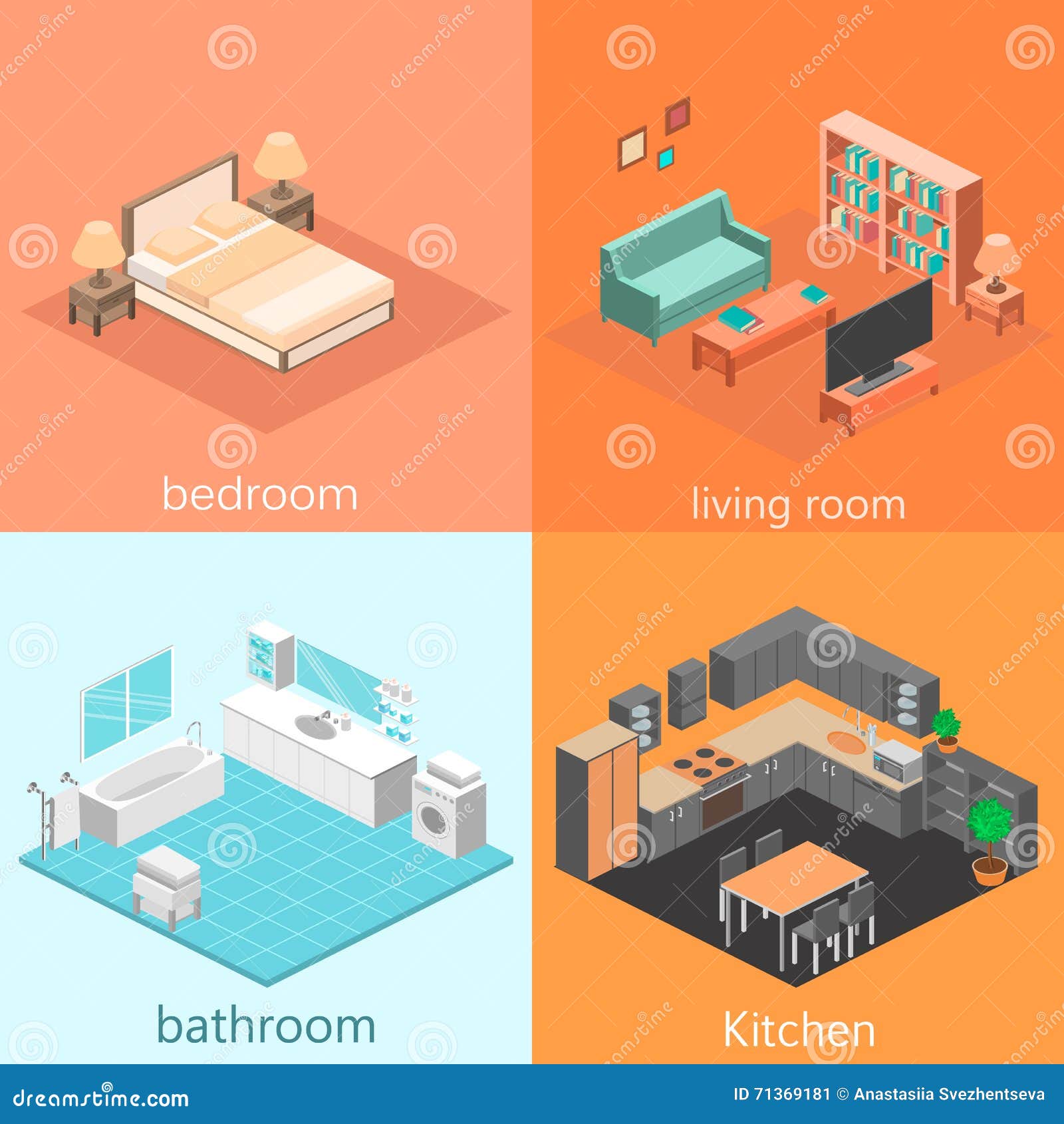 Set of Isometric Interior Rooms of the House. Stock Illustration ...