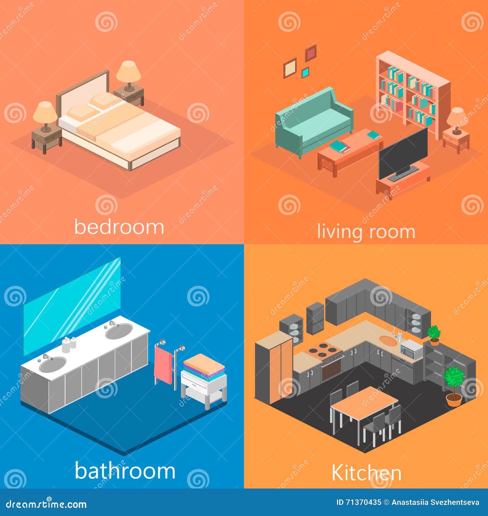 Set of Isometric Interior Rooms of the House. Stock Illustration ...