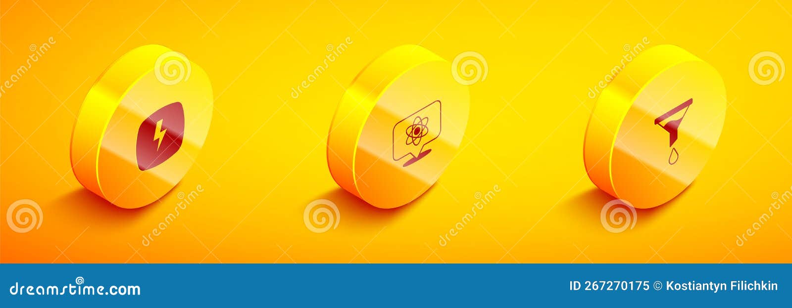 Set Isometric Lightning Bolt, Atom and Funnel or Filter Icon. Vector ...