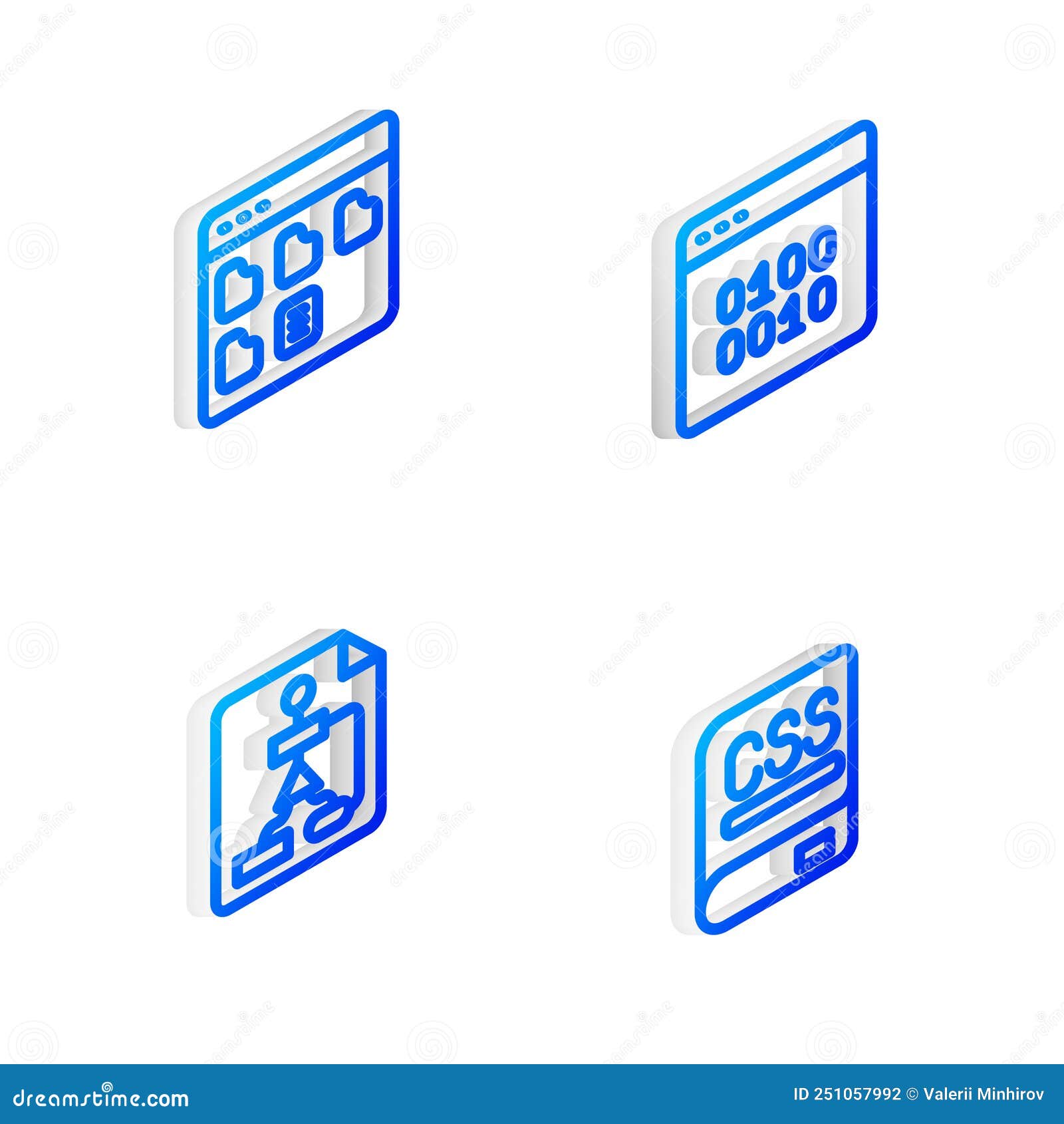 Set Isometric Line Binary Code, Browser Files, Flowchart and Books about Programming Icon ...