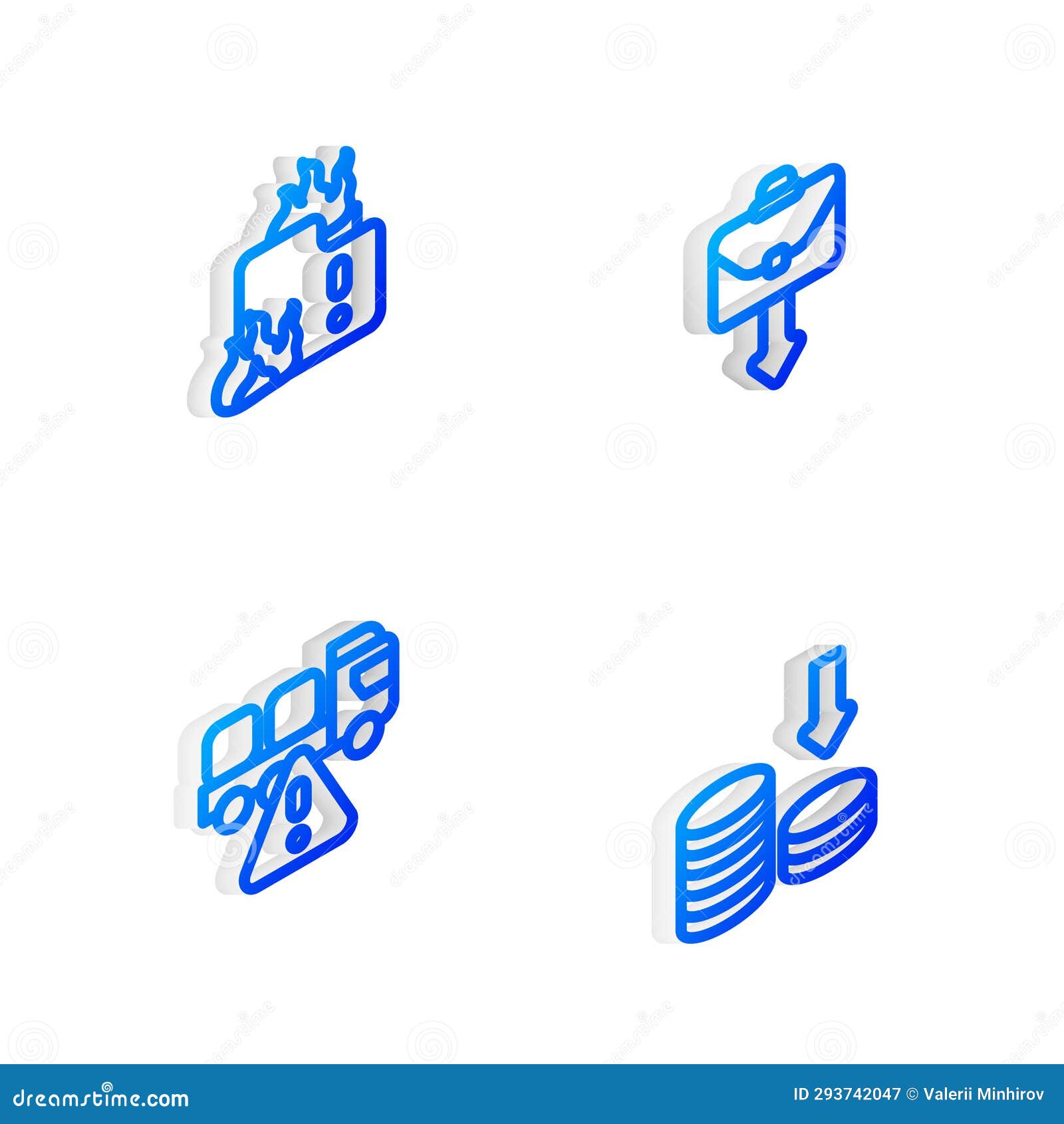 Set Isometric Line Briefcase, Fire in Burning House, Stop Delivery Cargo Truck and Dollar Rate ...