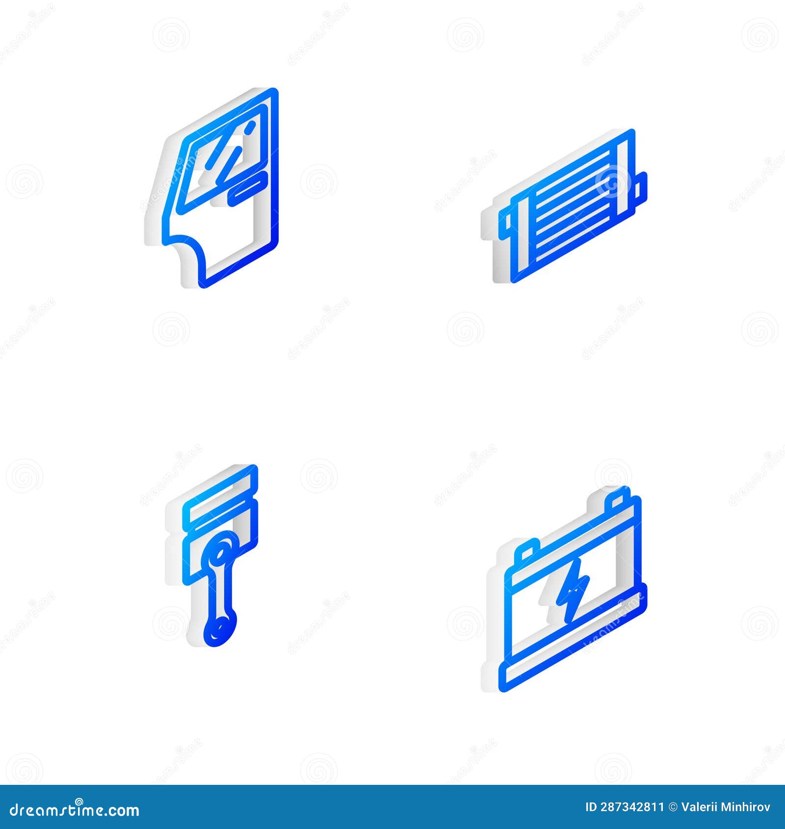 Set Isometric Line Car Radiator Cooling System, Door, Engine Piston and ...