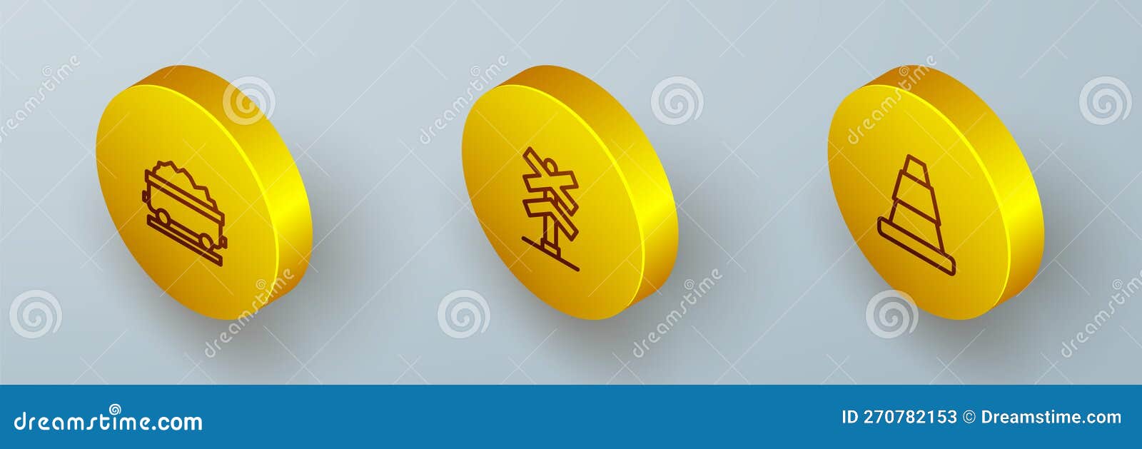 Set Isometric Line Coal Train Wagon, Railroad Crossing and Traffic Cone ...