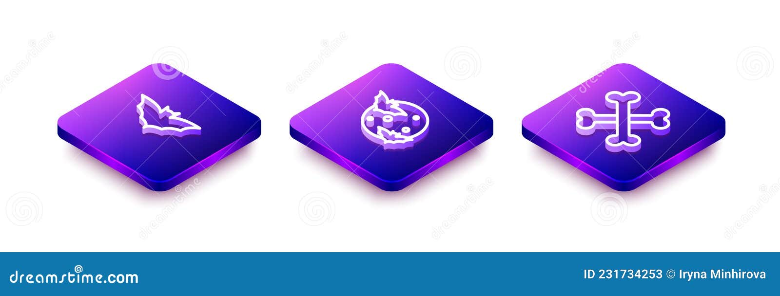 Set Isometric Line Flying Bat, Moon and Stars and Crossed Bones Icon ...