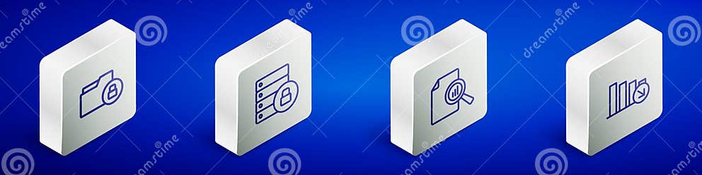Set Isometric Line Folder and Lock, Server Security with Padlock, Document Graph Chart and ...