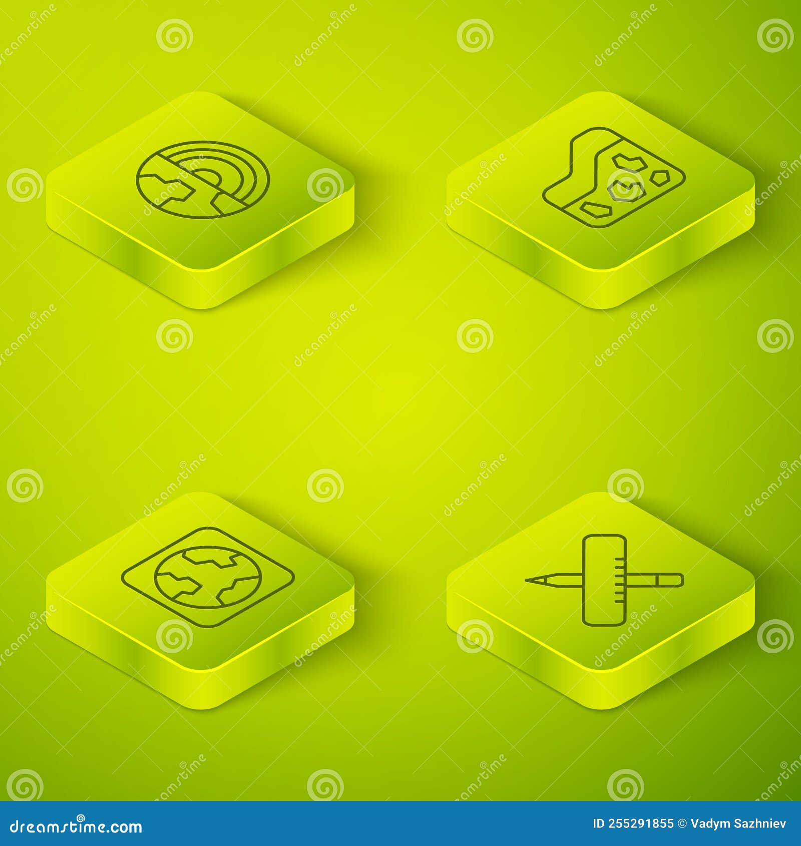 Set Isometric Line Ground, Earth Globe, Crossed Ruler and Pencil and ...