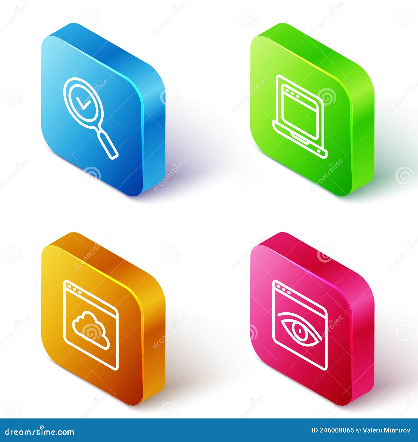 Set Isometric Line Magnifying Glass with Check Mark, Laptop Browser ...