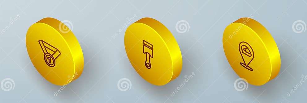 Set Isometric Line Medal, Engine Piston and Racing Helmet Icon. Vector ... Set Isometric Line Medal, Engine Piston and Racing Helmet Icon. Vector ...