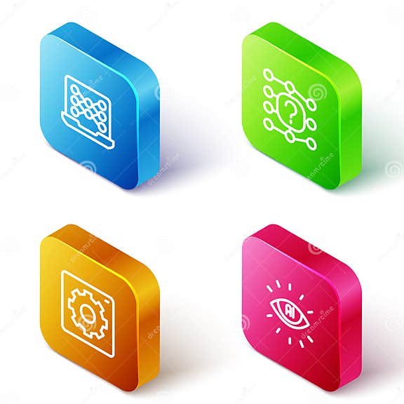 Set Isometric Line Neural Network, Computer Api Interface and Artificial Intelligence AI Icon ...
