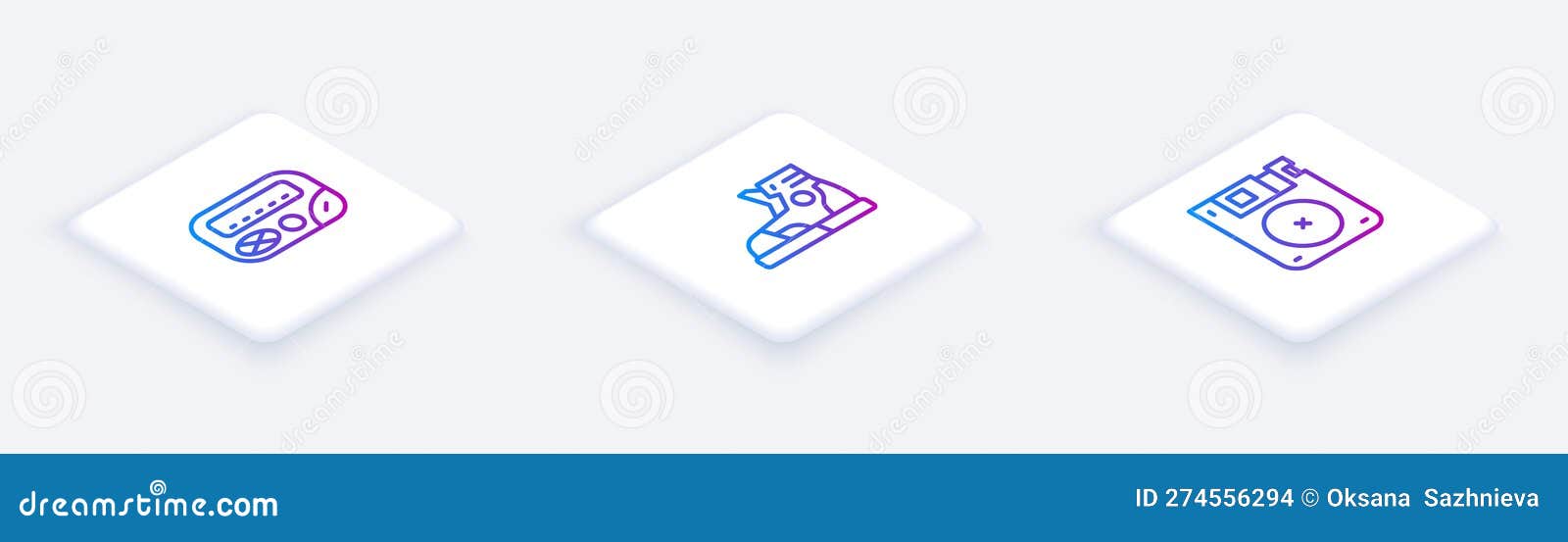 Set Isometric Line Pager, Sport Sneakers and Floppy Disk. White Square ...