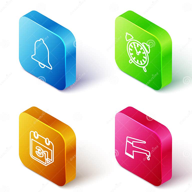Set Isometric Line Ringing Bell, Alarm Clock, Calendar and Water Tap ... Set Isometric Line Ringing Bell, Alarm Clock, Calendar and Water Tap ...
