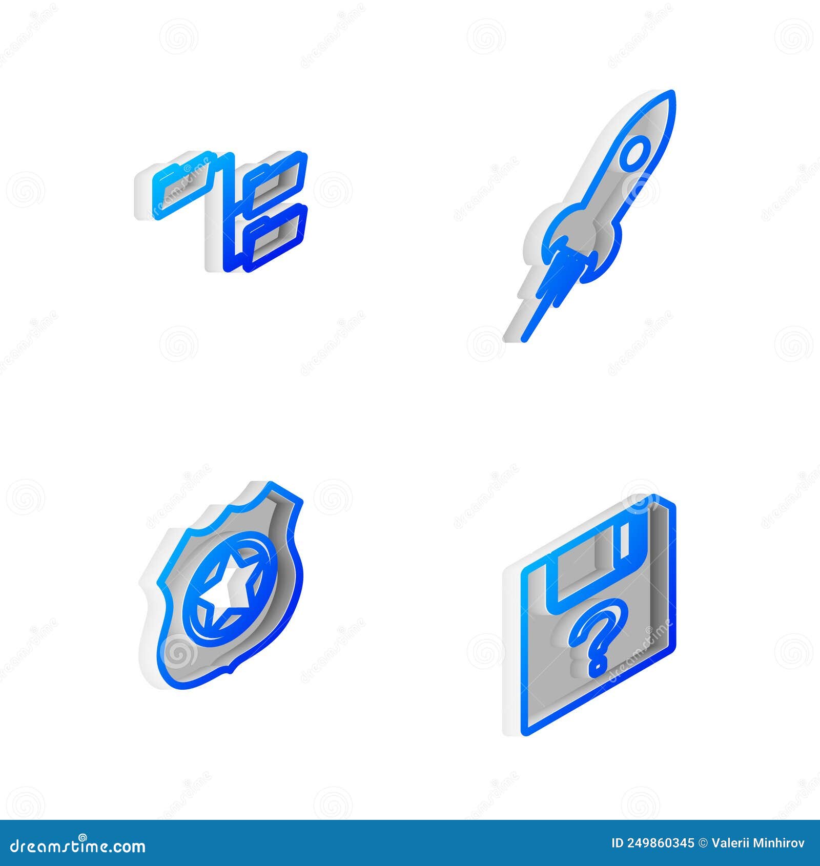Set Isometric Line Rocket Ship with Fire, Folder Tree, Police Badge and ... Set Isometric Line Rocket Ship with Fire, Folder Tree, Police Badge and ...