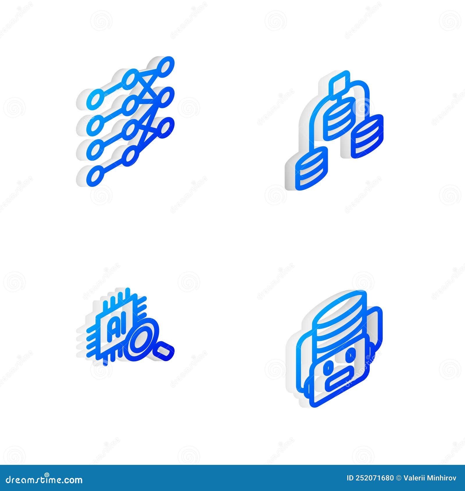Set Isometric Line Server, Data, Neural Network, Processor CPU and Artificial Intelligence Robot ...