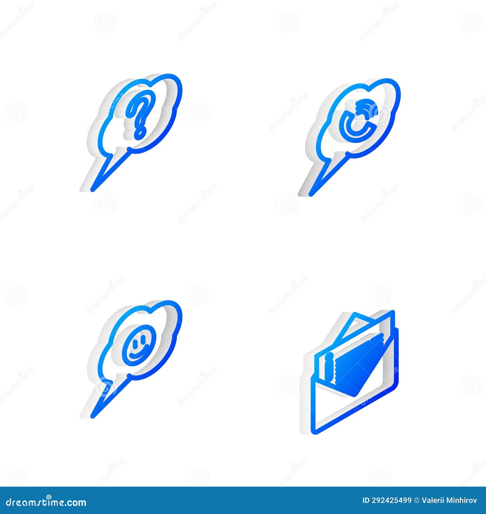 Set Isometric Line Speech Bubble with Phone Call, Question, Smile Face ...