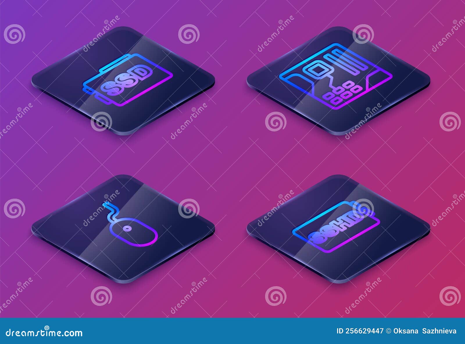 Set Isometric Line SSD Card, Computer Mouse, Motherboard Digital Chip ...