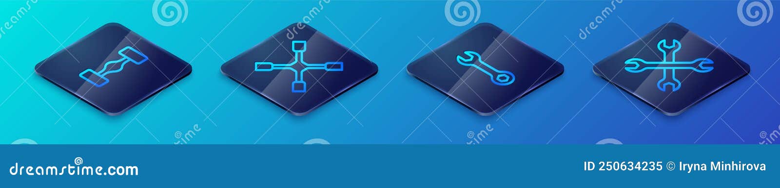 Set Isometric Line Wrench Spanner, Chassis Car, and Wheel Wrench Icon. Vector Stock Vector ...