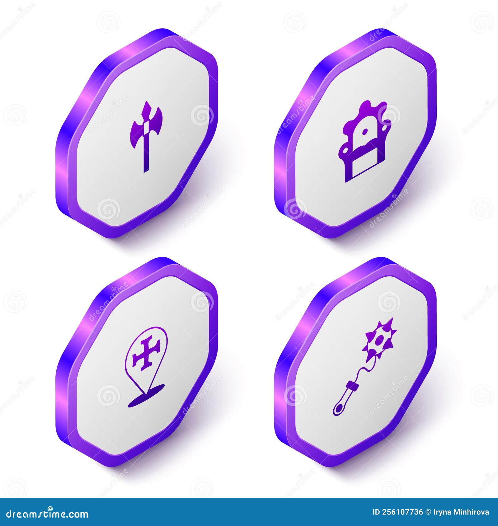 Set Isometric Medieval Axe, Throne, Crusade and Mace with Spikes Icon ...